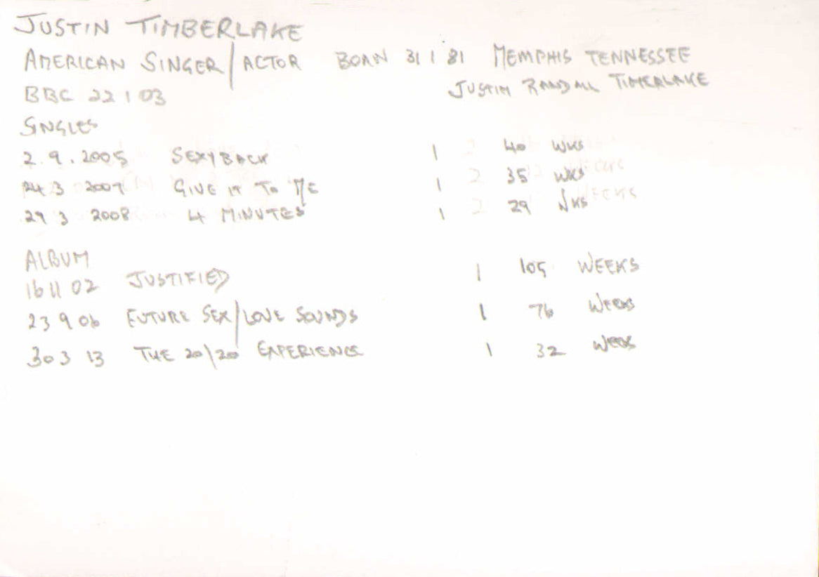 Justin Timberlake Singer, Songwriter & Actor Signed 4x6 Index Card ...